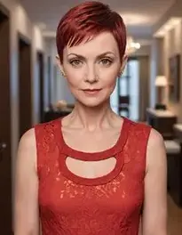 Female Red Buzz Cut Hairstyle Senior Beautiful Dress Face Swap